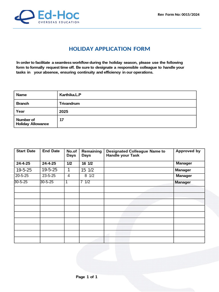Karthika Holiday Form | PDF