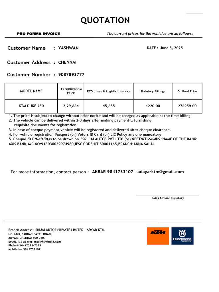 Quotation Format for Vehicle Purchase | PDF