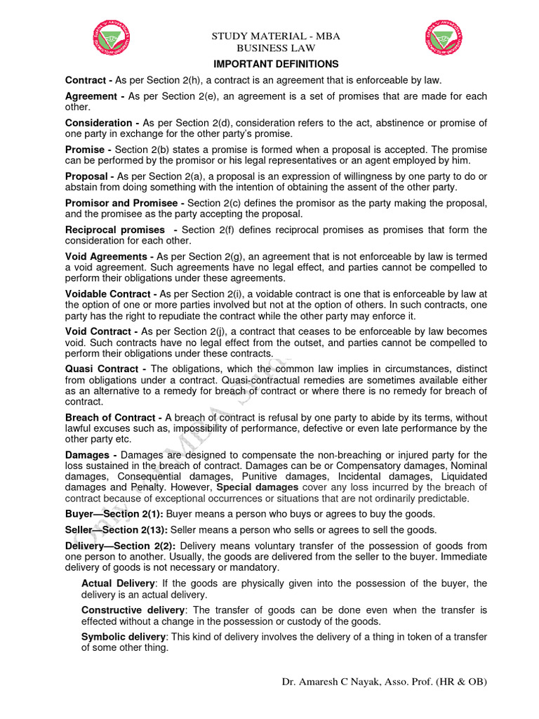 Study Material - MBA - 07 - BL - Module - All - Important Definitions | PDF | Damages | Legal Remedy