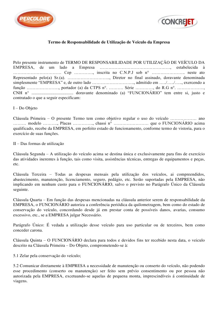 Termo De Responsabilidade De Utilizacao De Veiculo Da Empresa Pdf