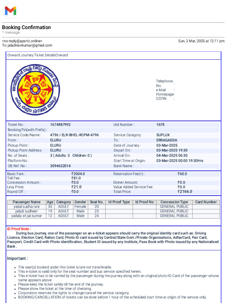 Gmail - Booking Confirmation | PDF | Identity Document | Access Control