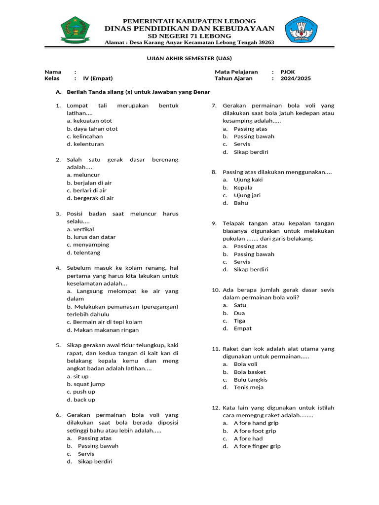 Soal Uas Pjok Kelas 4 | PDF