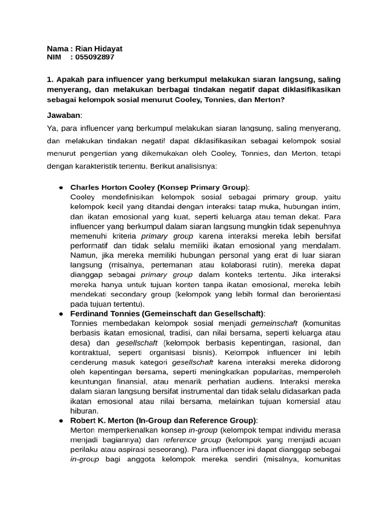 Rian Hidayat (055092897) - Tugas 3 Pengantar Sosiologi | PDF