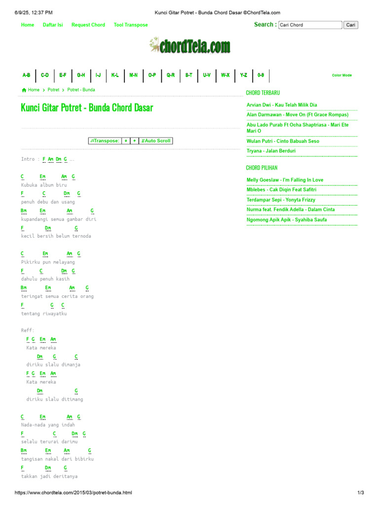 Kunci Gitar Potret - Bunda Chord Dasar | PDF