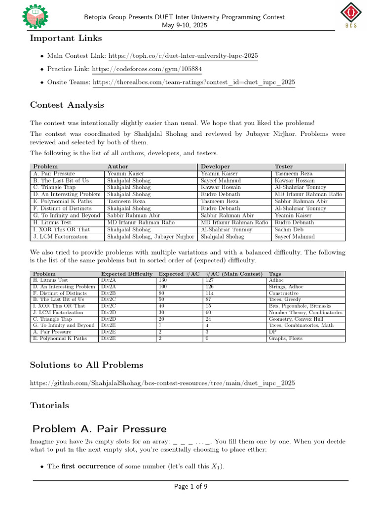 Tutorials - Duet Iupc 2025 | PDF | Mathematics | Discrete Mathematics