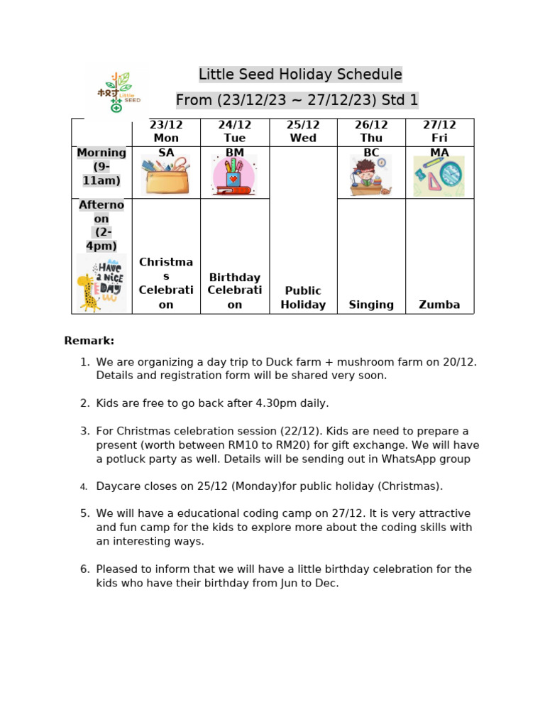 Little Seed Holiday Schedule 2023 | PDF | Holidays | Traditions