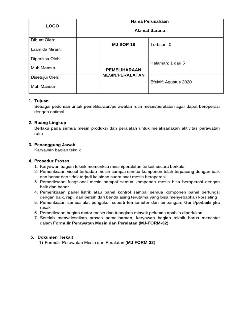 SOP Pemeliharaan Mesin dan Peralatan | PDF