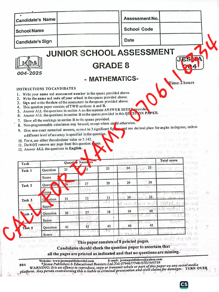 Jesma 004 Maths Grade 8 | PDF