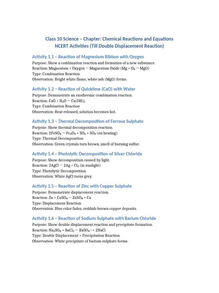 Class 10 Chemical Reactions Activities | PDF