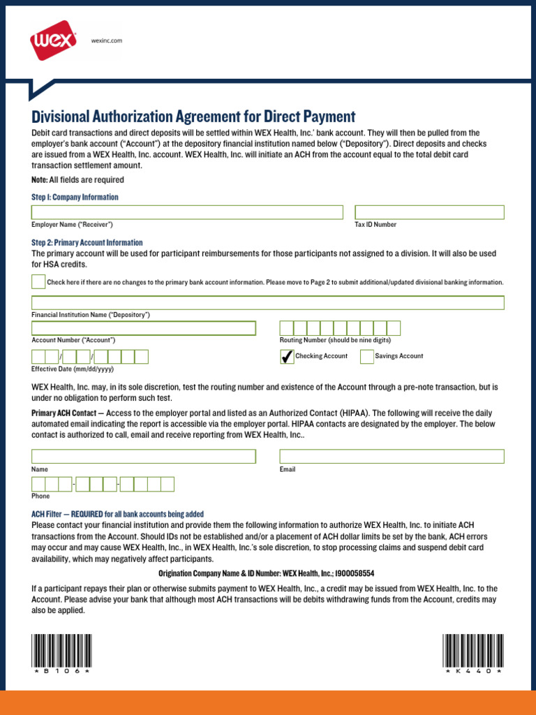 WEX Health ACH Transfer Authorization Form | PDF | Debit Card | Banks