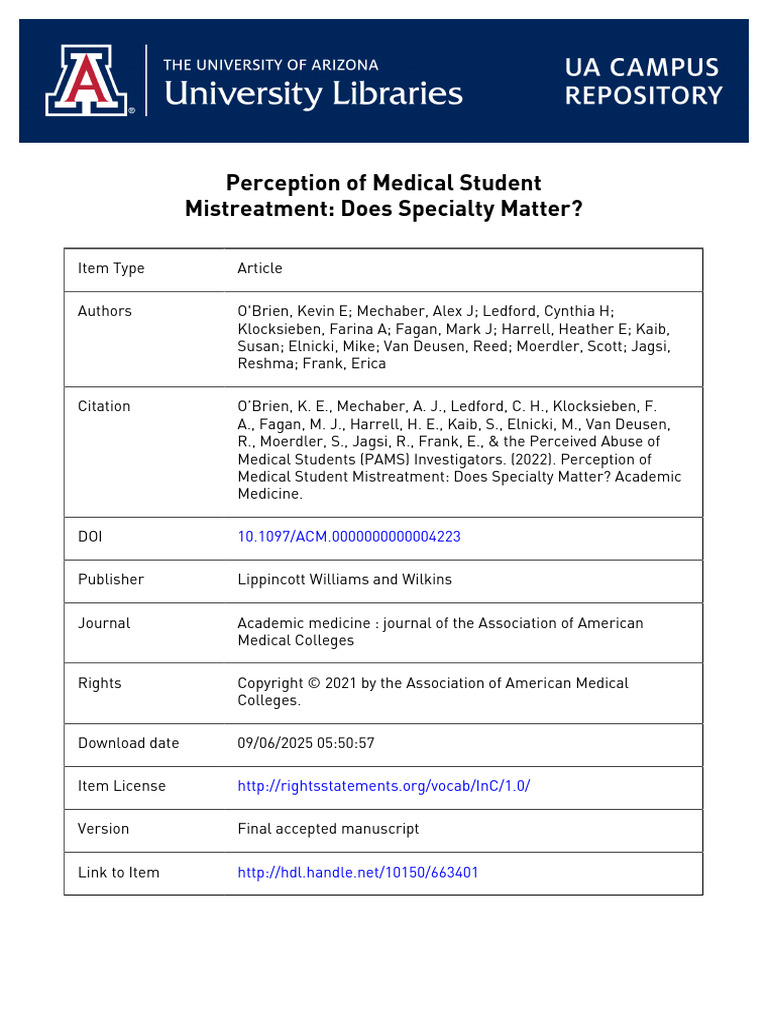 Perception of Medical Student Mistreatment Does Specialty Choice Matter ...