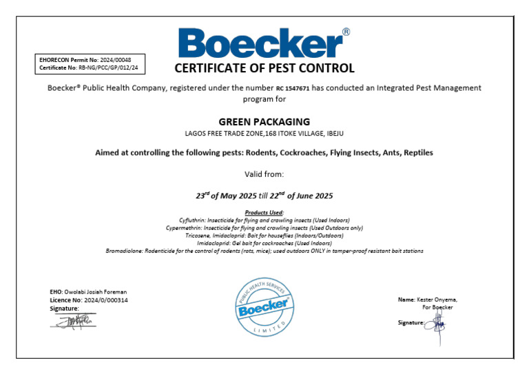 Boecker Pest Control Certificate 2025 | PDF