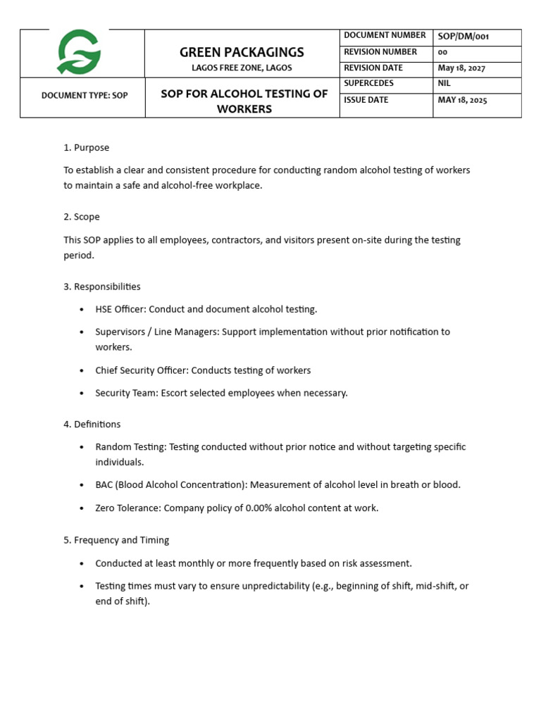 Alcohol Testing SOP for Workers | PDF