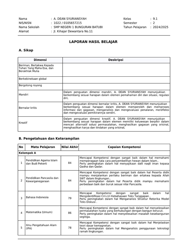 Rapor K13 KELAS 9 | PDF