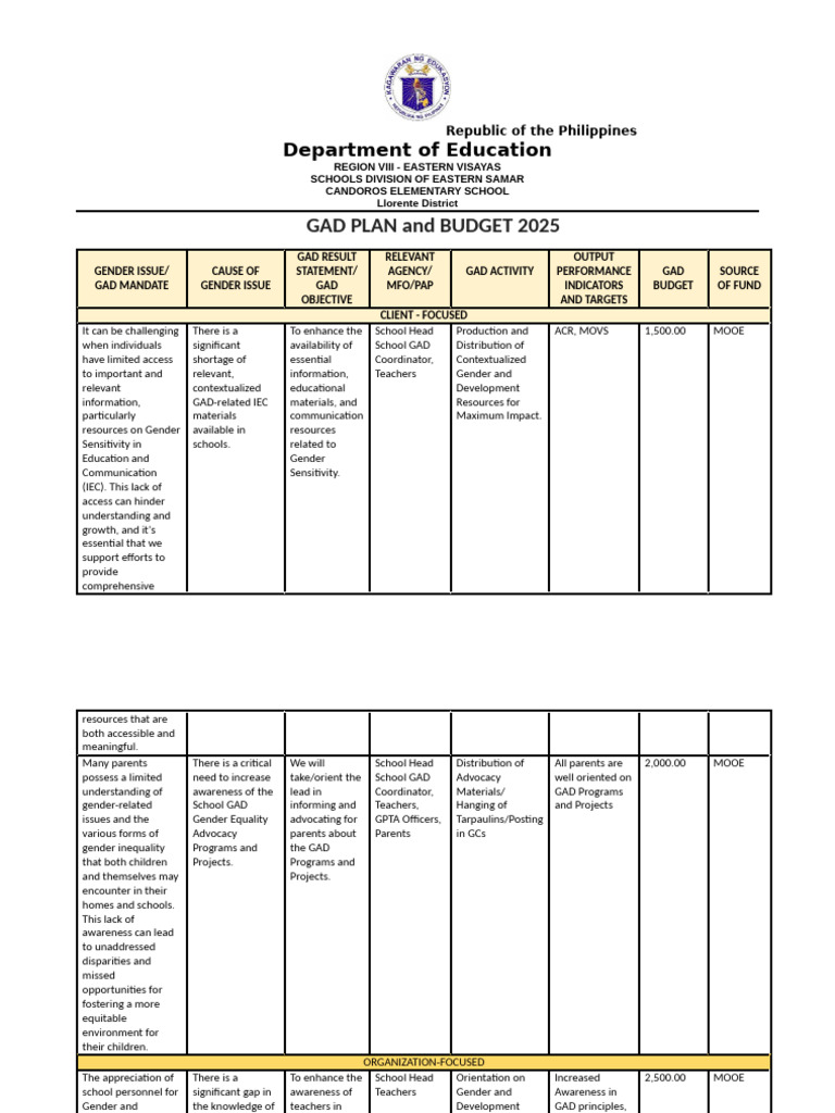 GAD Plan and Budget 2025 Overview | PDF | Learning
