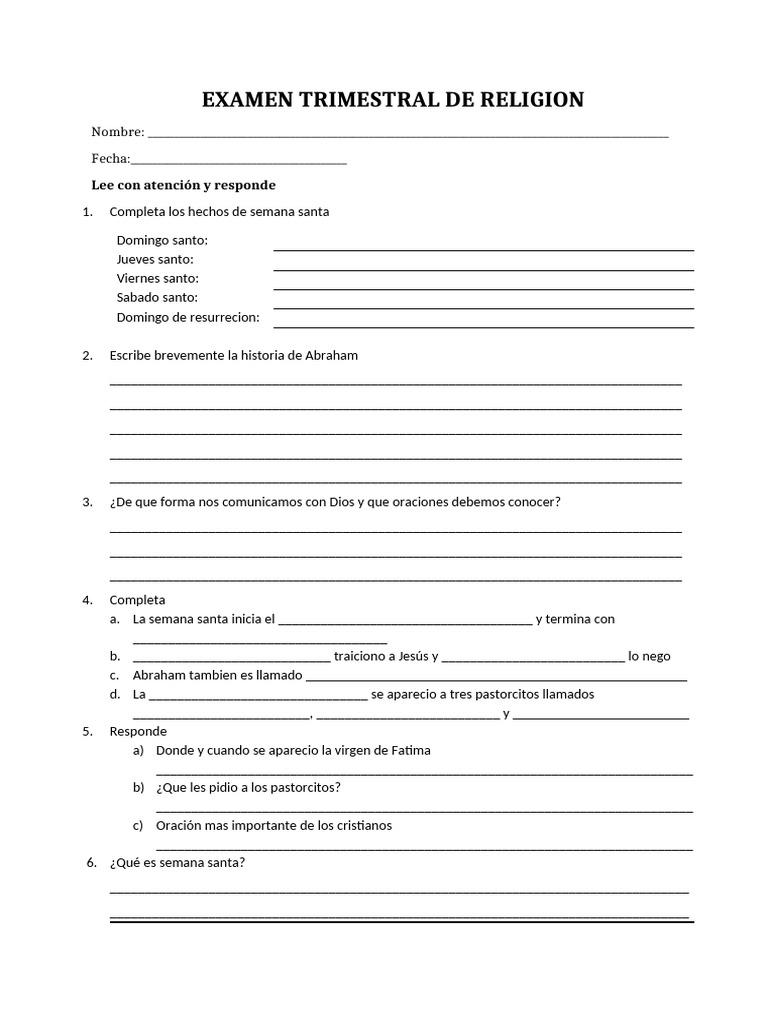 Examen Trimestral de Religión 2023 | PDF