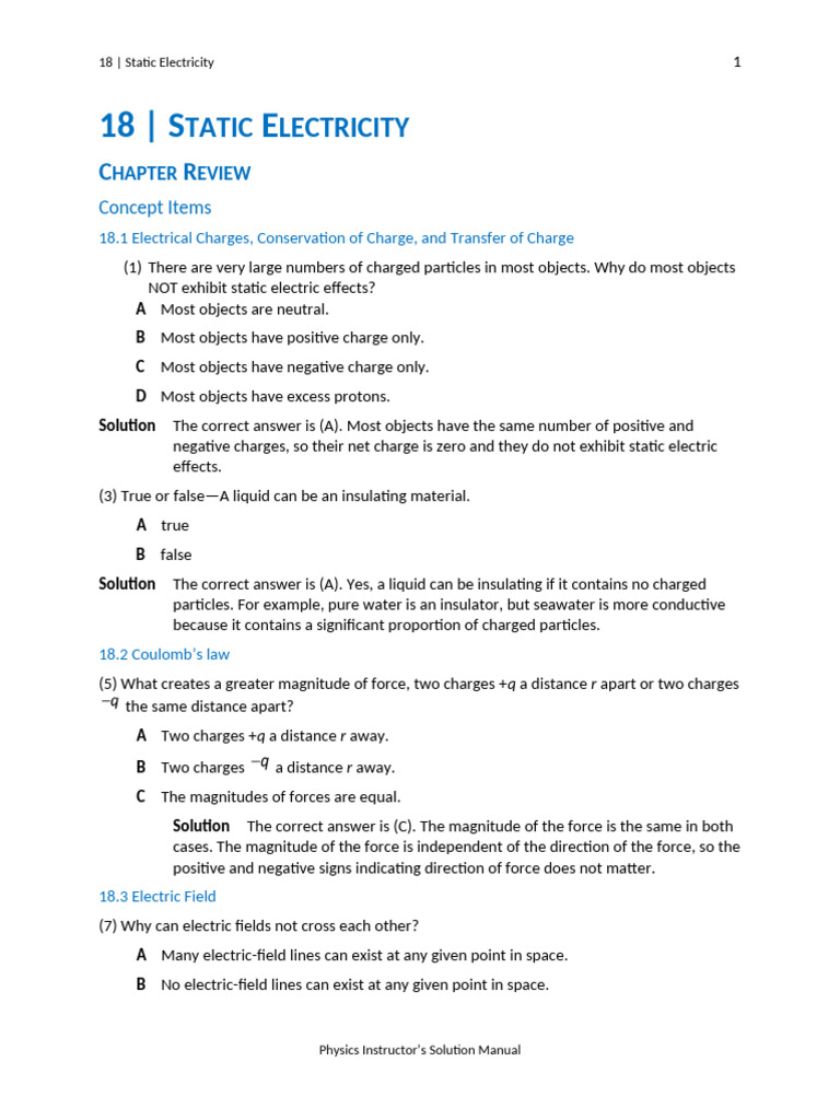 STUDENT - Chapter 18 - Static Electricity | PDF | Electric Charge | Electric Field