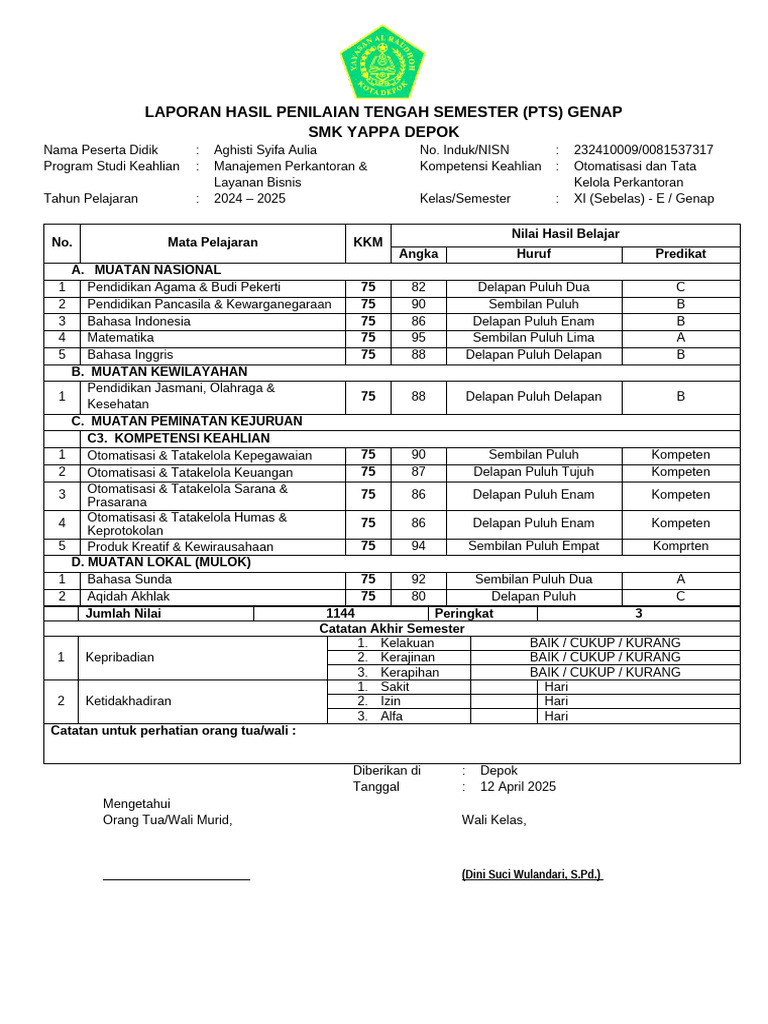 Laporan PTS Genap SMK Yappa Depok 2025 | PDF