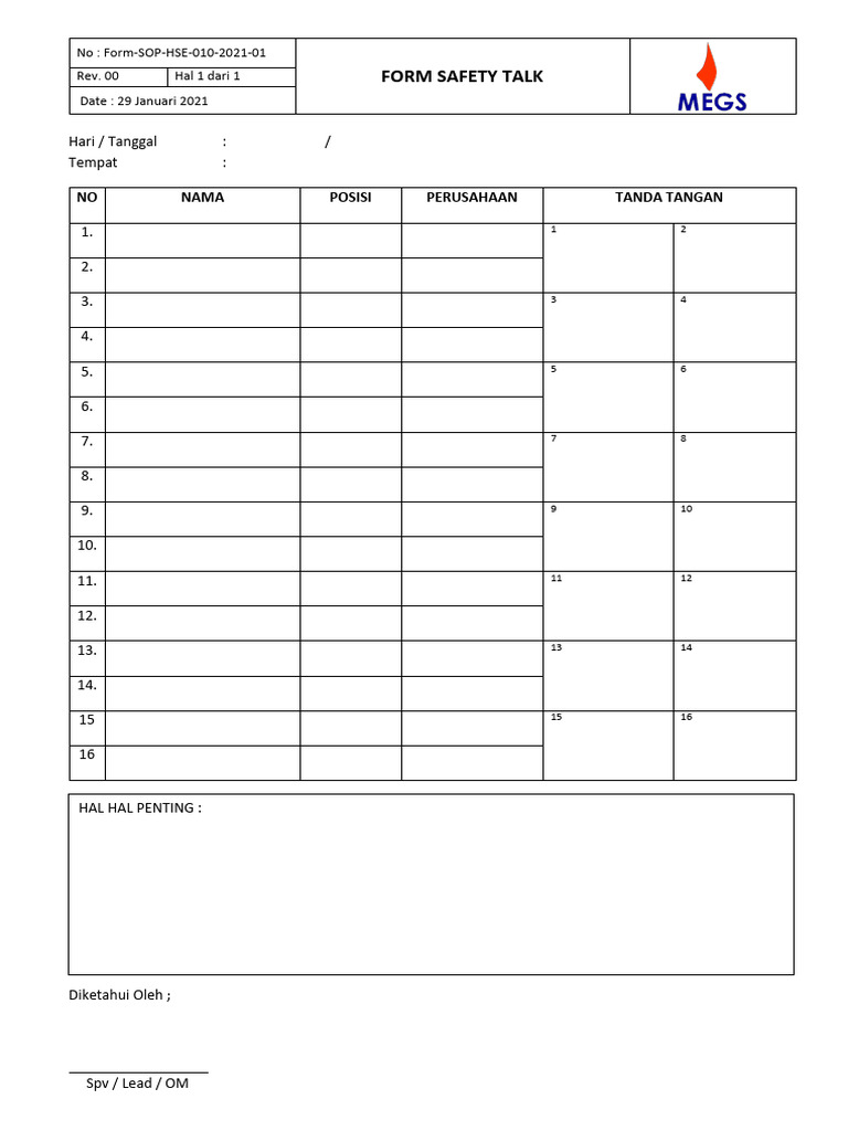 Form SOP HSE 010 2021 01 Safety Talk Form | PDF