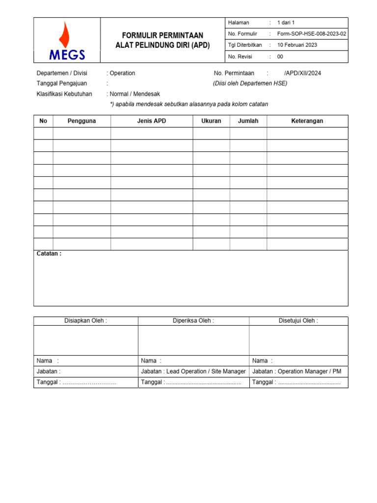 Form Permintaan APD 2024 | PDF