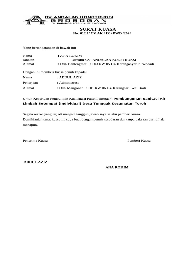 Surat Kuasa CV - Nada Dana | PDF