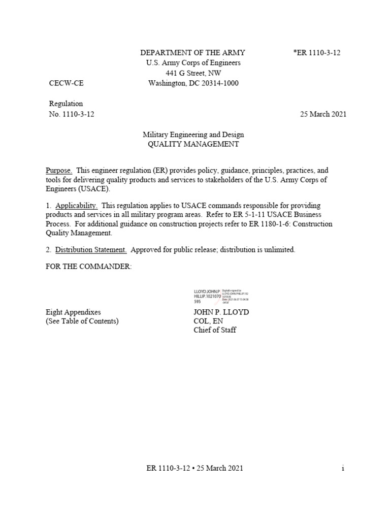 USACE Quality Management Regulation | PDF | Quality Assurance | Quality ...