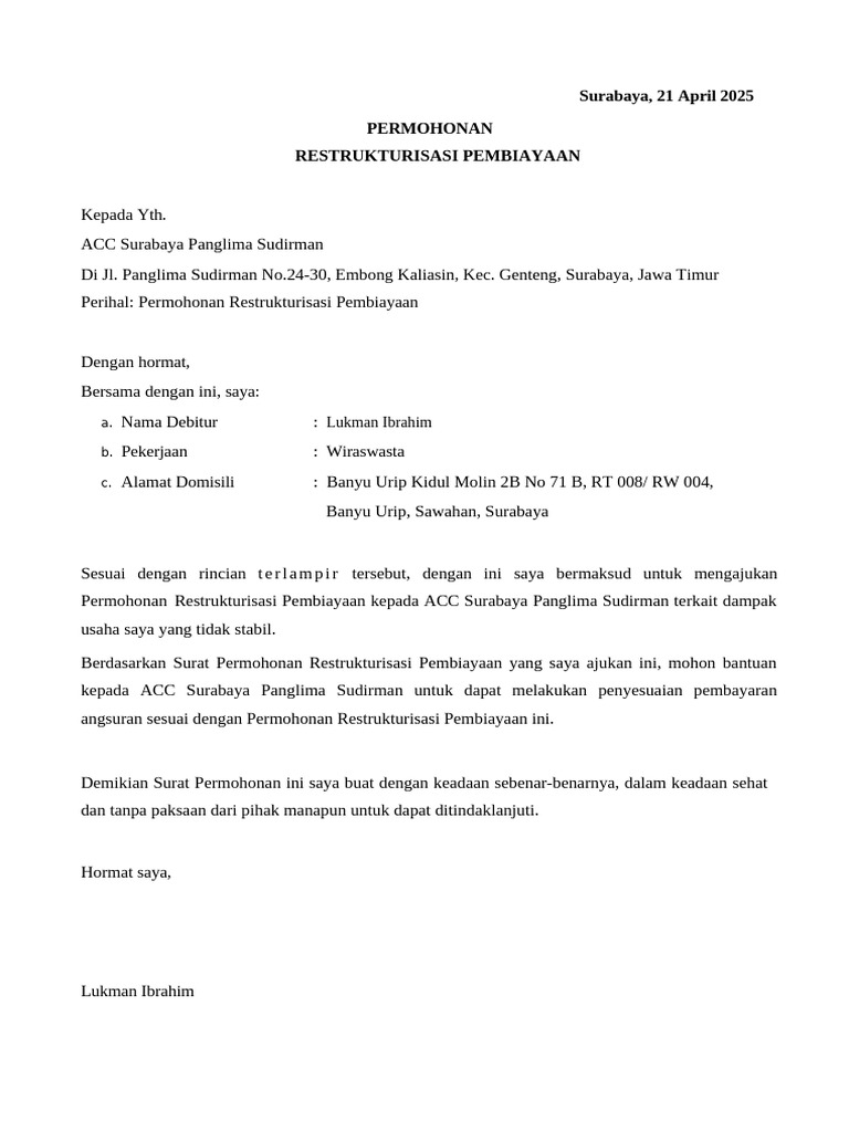 Formulir Permohonan Restrukturisasi | PDF