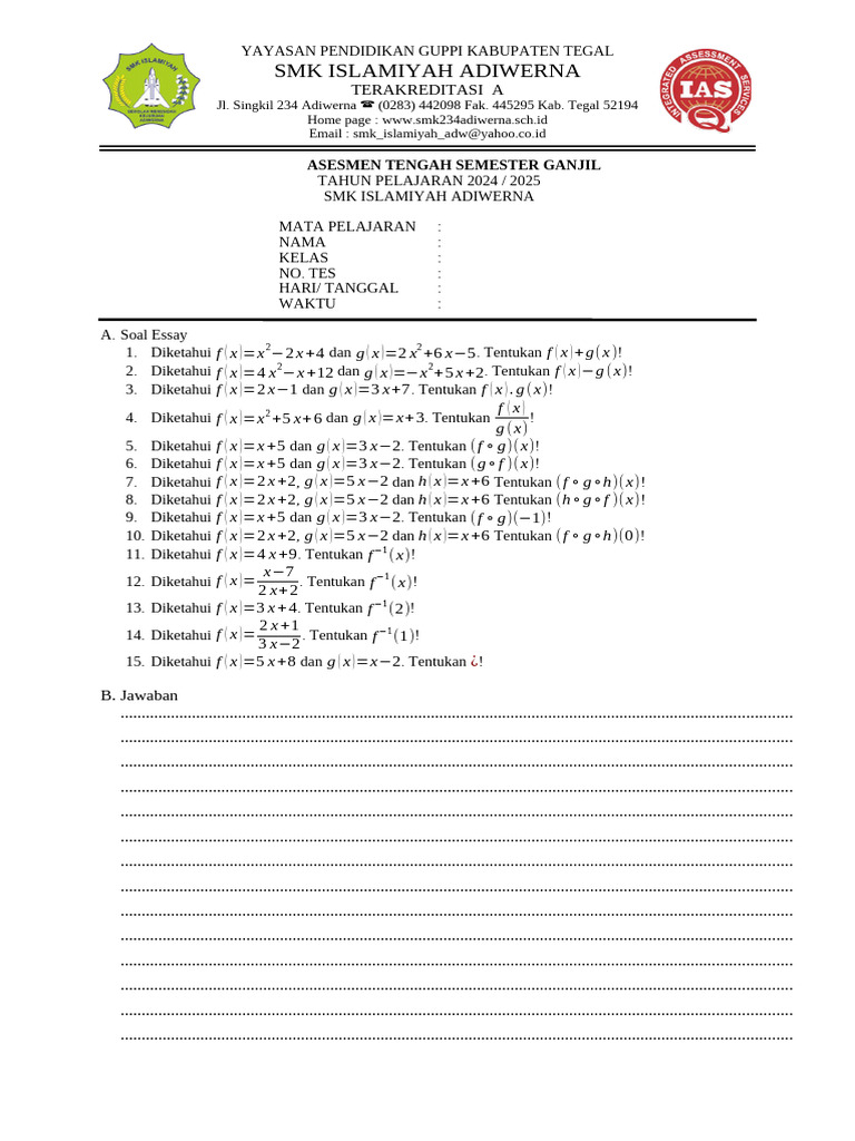 Soal Matematika Ats Ganjil Kelas Xi | PDF