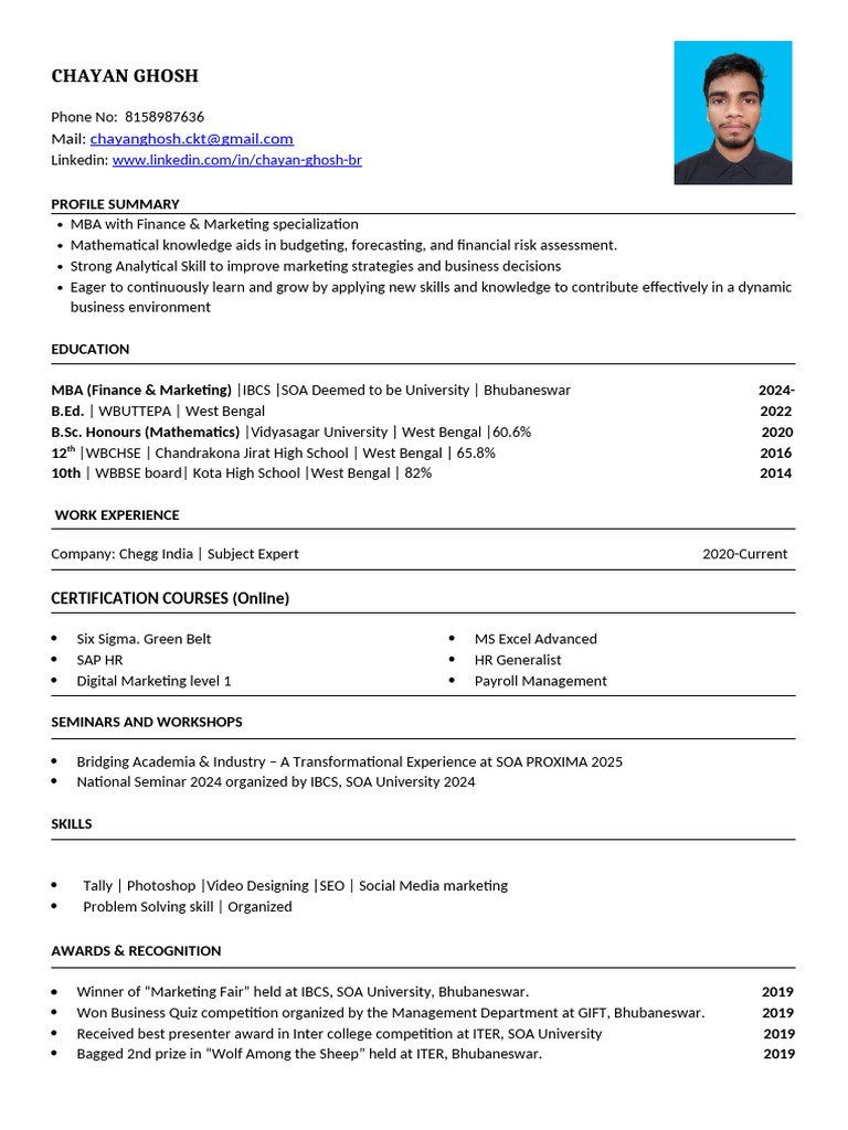 Resume Sample Fresher MBA 1 | PDF