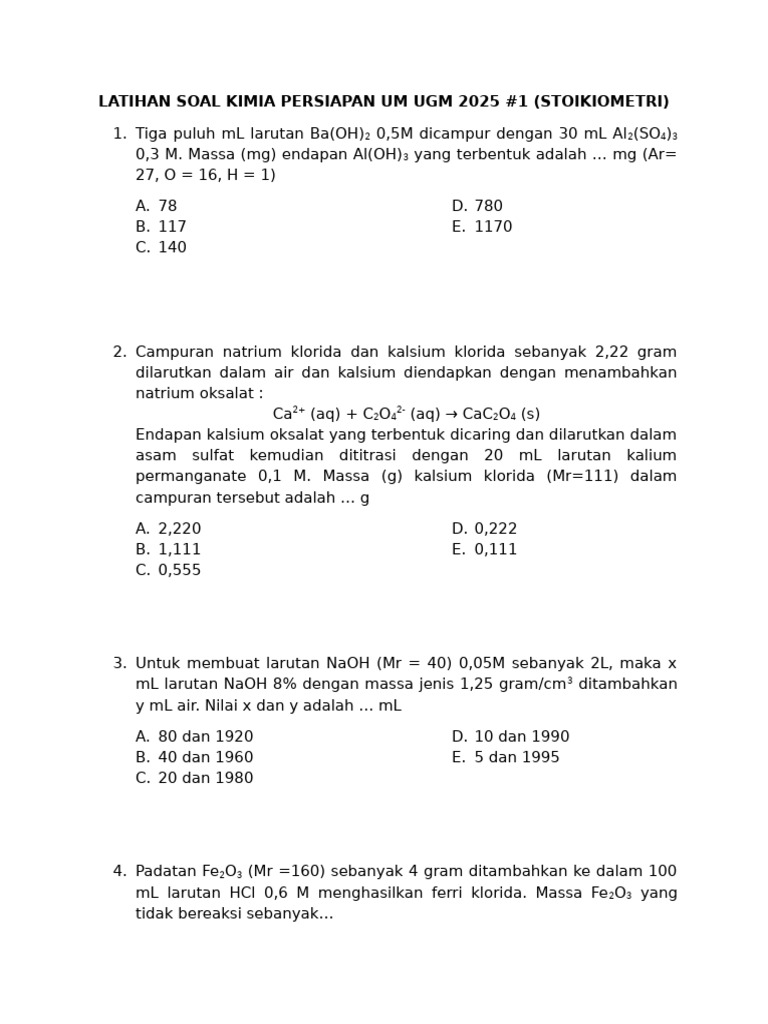 Latihan Soal Kimia Persiapan Um Ugm 2025 | PDF