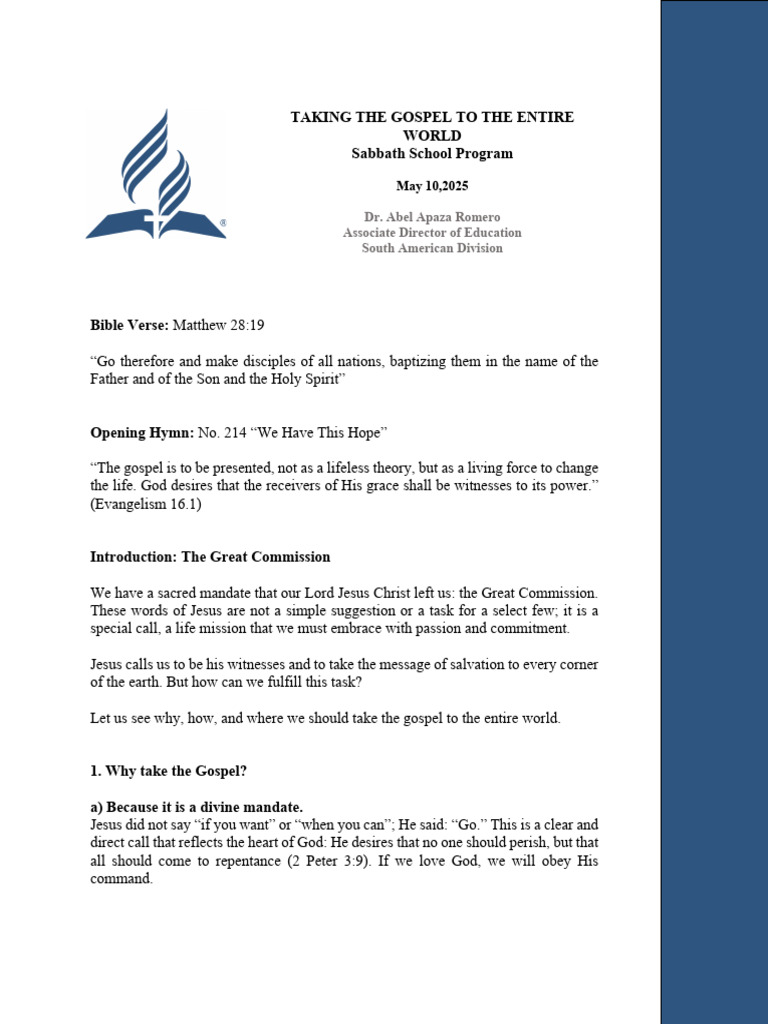 May 10 2025 Sabbath School Program | PDF | Jesus | The Gospel