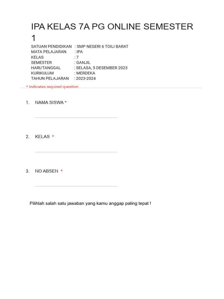 Ipa Kelas 7a PG Online Semester 1 - Google Forms | PDF