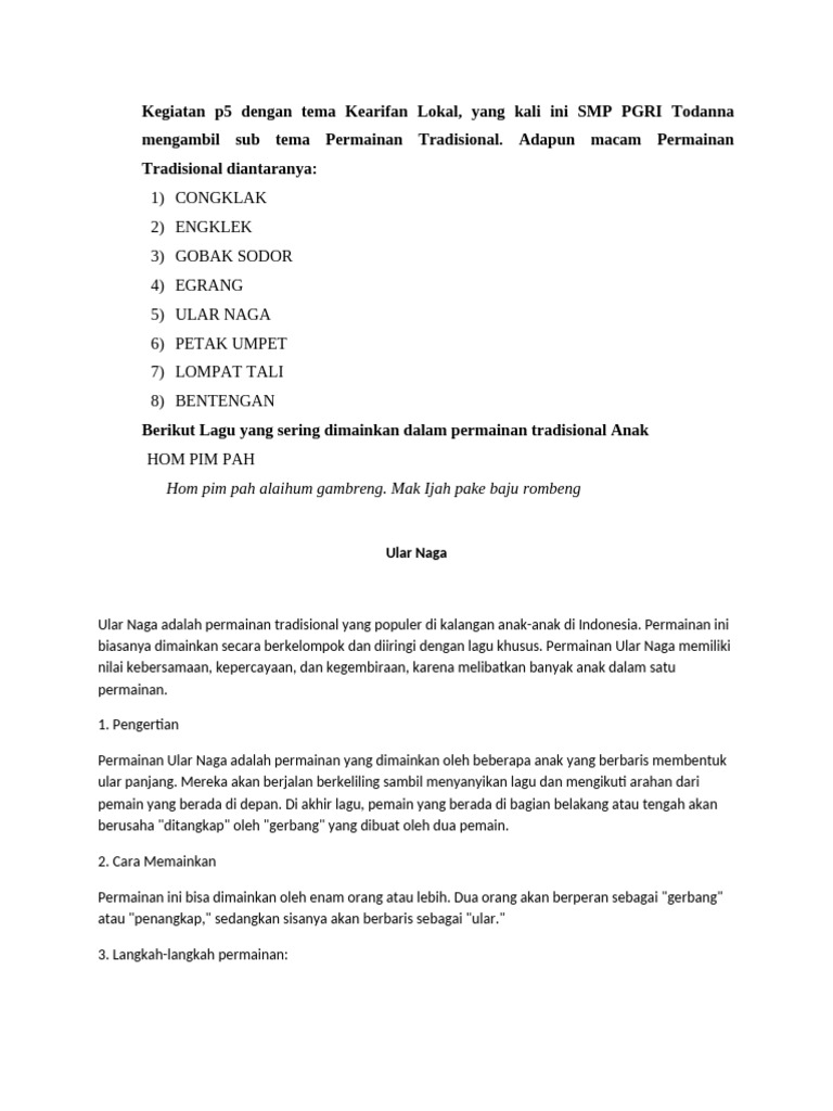Permainan Tradisional Ular Naga | PDF