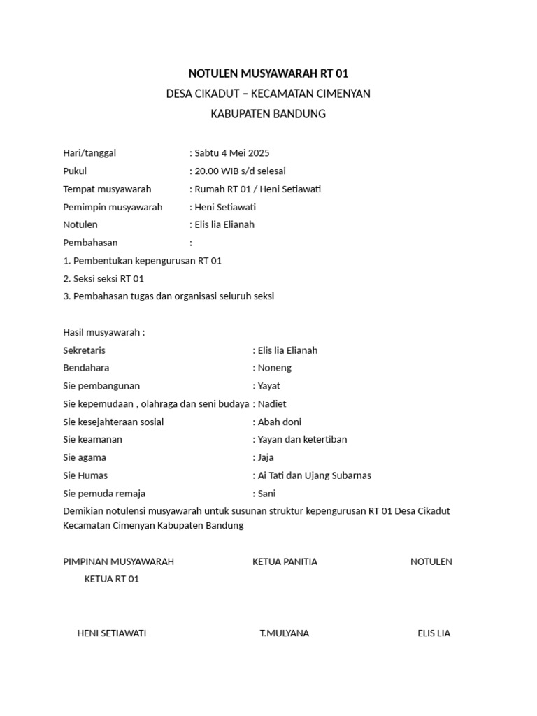 Notulen Musyawarah RT 01 | PDF