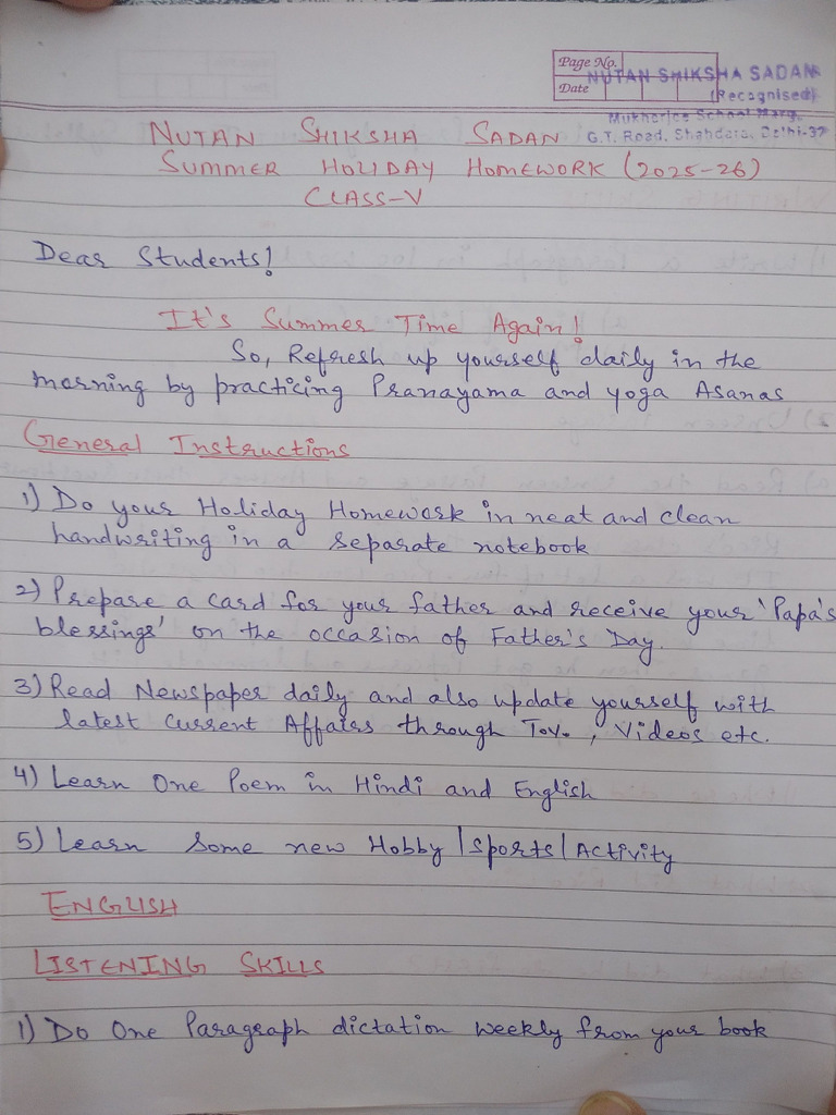 Holiday Homework VTH 2025-2026 | PDF