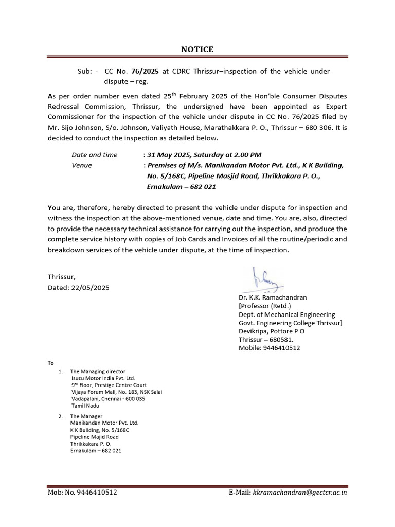Vehicle Inspection Notice for CC No. 76/2025 | PDF