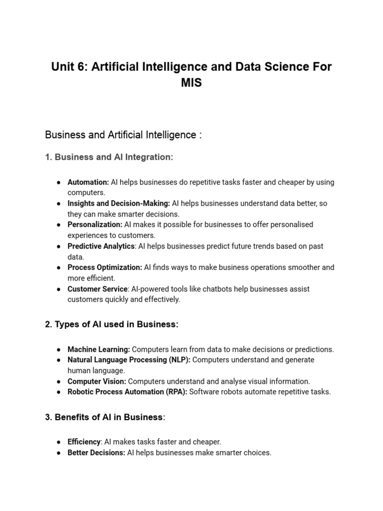 Unit 6 MIS Artificial Intelligence and Data Science For MIS | PDF ...