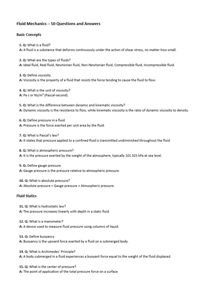Fluid Mechanics Q&A Guide | PDF