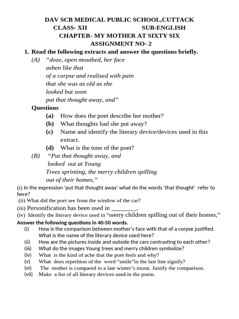 English Assignment: My Mother at Sixty-Six | PDF