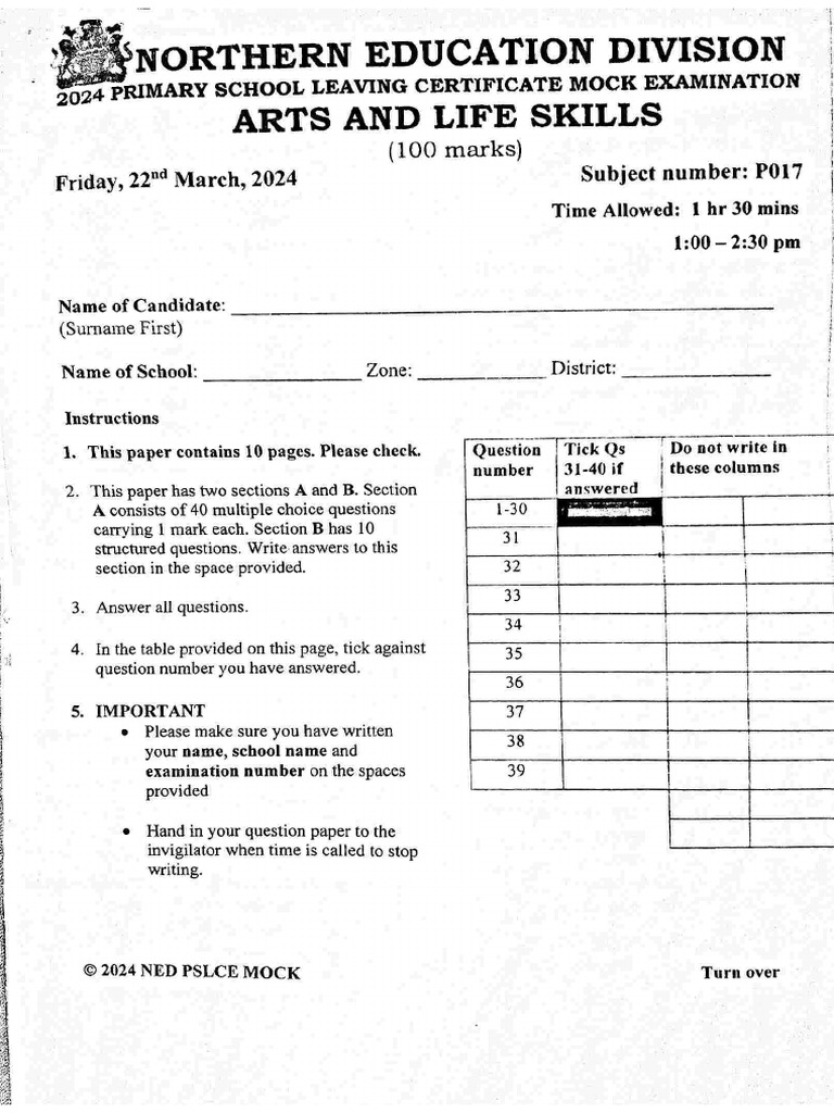 2024 NED Arts and Life Skills PSLCE | PDF