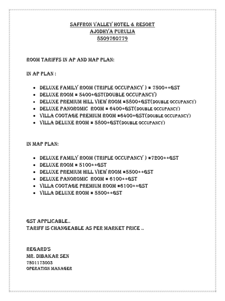 Room Tariff Card for Saffron Valley Hotel | PDF