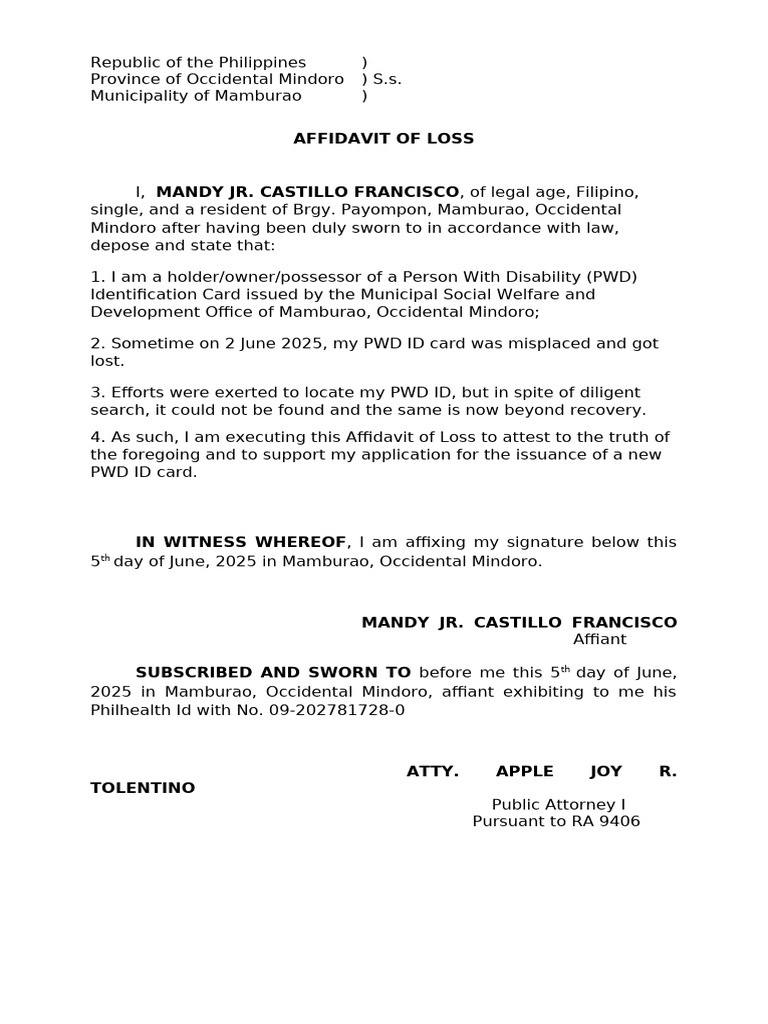 Affidavit of Loss or Misplaced | PDF
