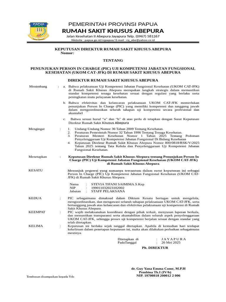 Penunjukan PIC Uji Kompetensi Kesehatan | PDF
