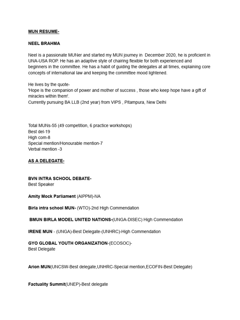 MUN RESUME - Neel Brahma-2 | PDF | Aftermath Of World War II | Global Governance