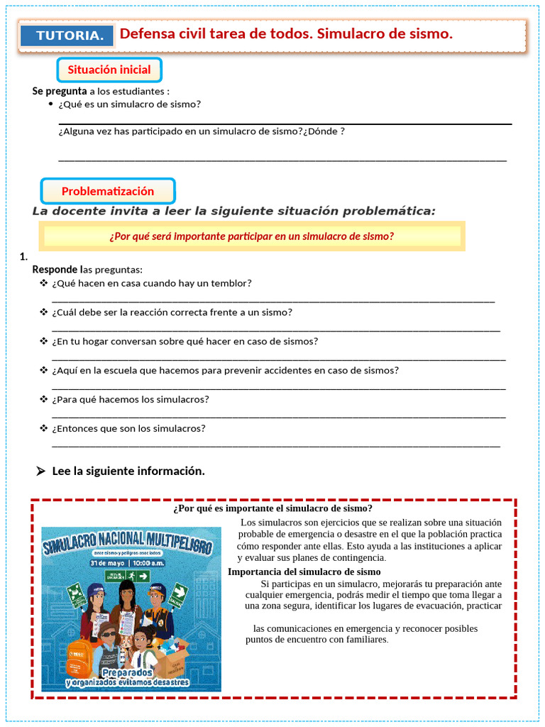 D5 A2 FICHA TUT. Defensa Civil Tarea de Todos. Simulacro de Sismo | PDF | Defensa Civil | Simulación