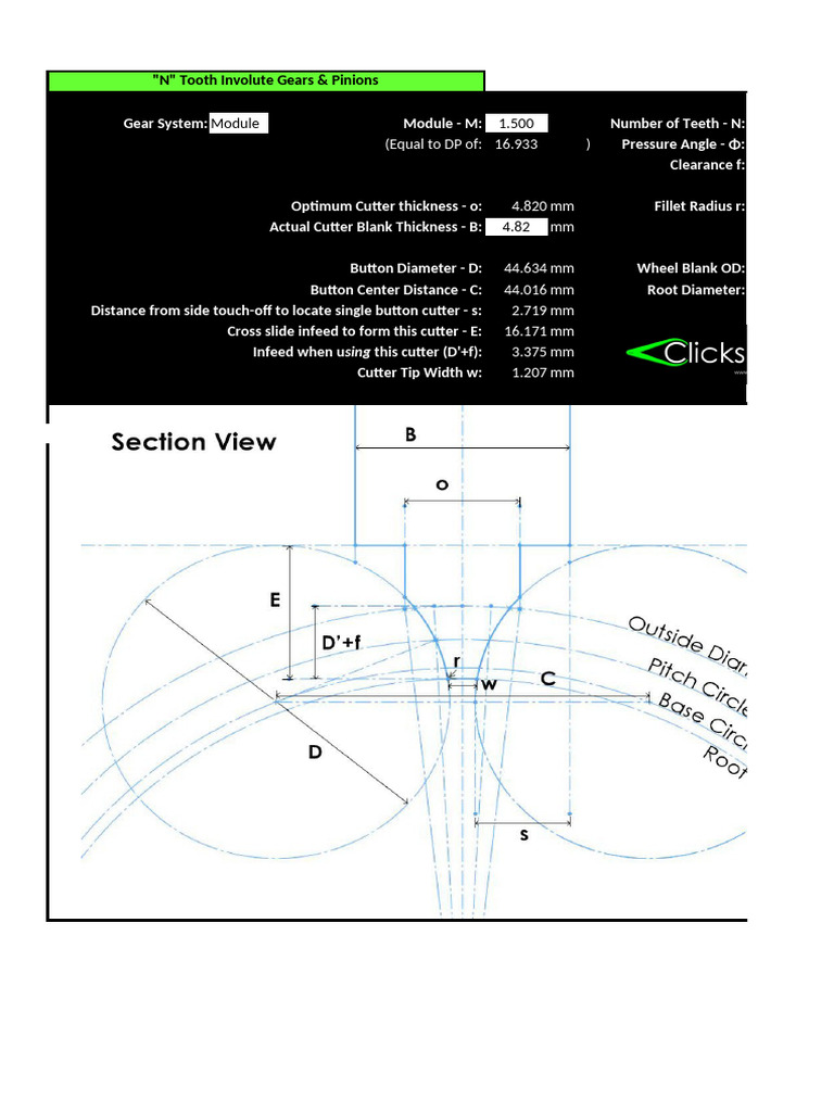 Clickspring Universal Gear Cutter Geometry Calculator v3.7.3 | PDF
