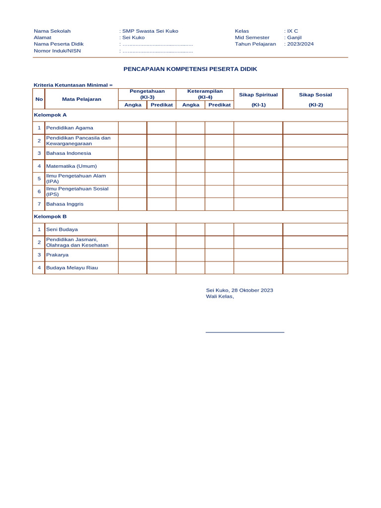Blanko Rapor Mid Semester Ixc | PDF