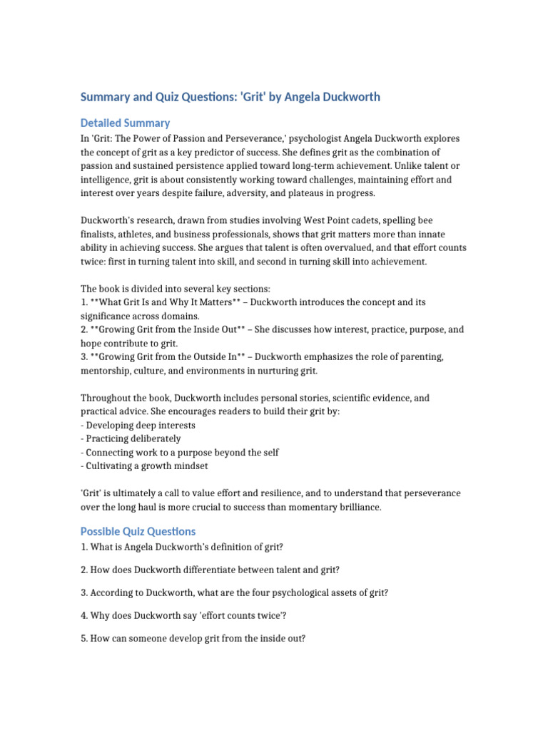 Grit Summary and Quiz Questions | PDF | Grit (Personality Trait ...