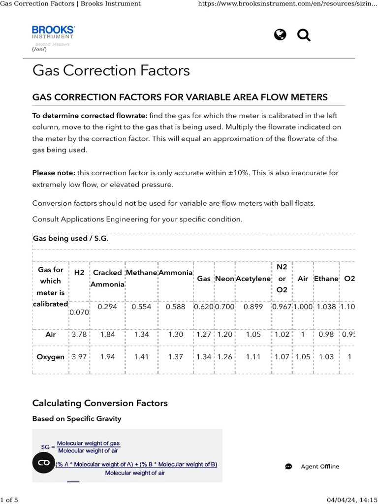 Gas Correction Factors Brooks Instrument | PDF | Gases | Pressure