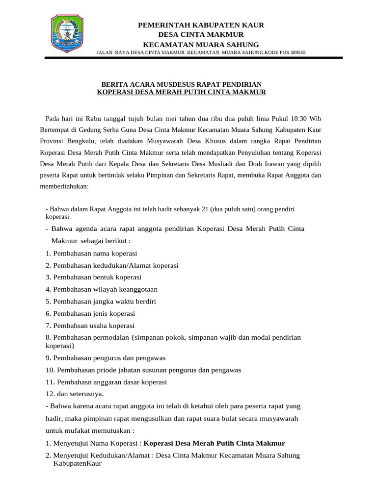 Berita Acara Musdesus Koperasi Merah Putih Cinta Makmur | PDF